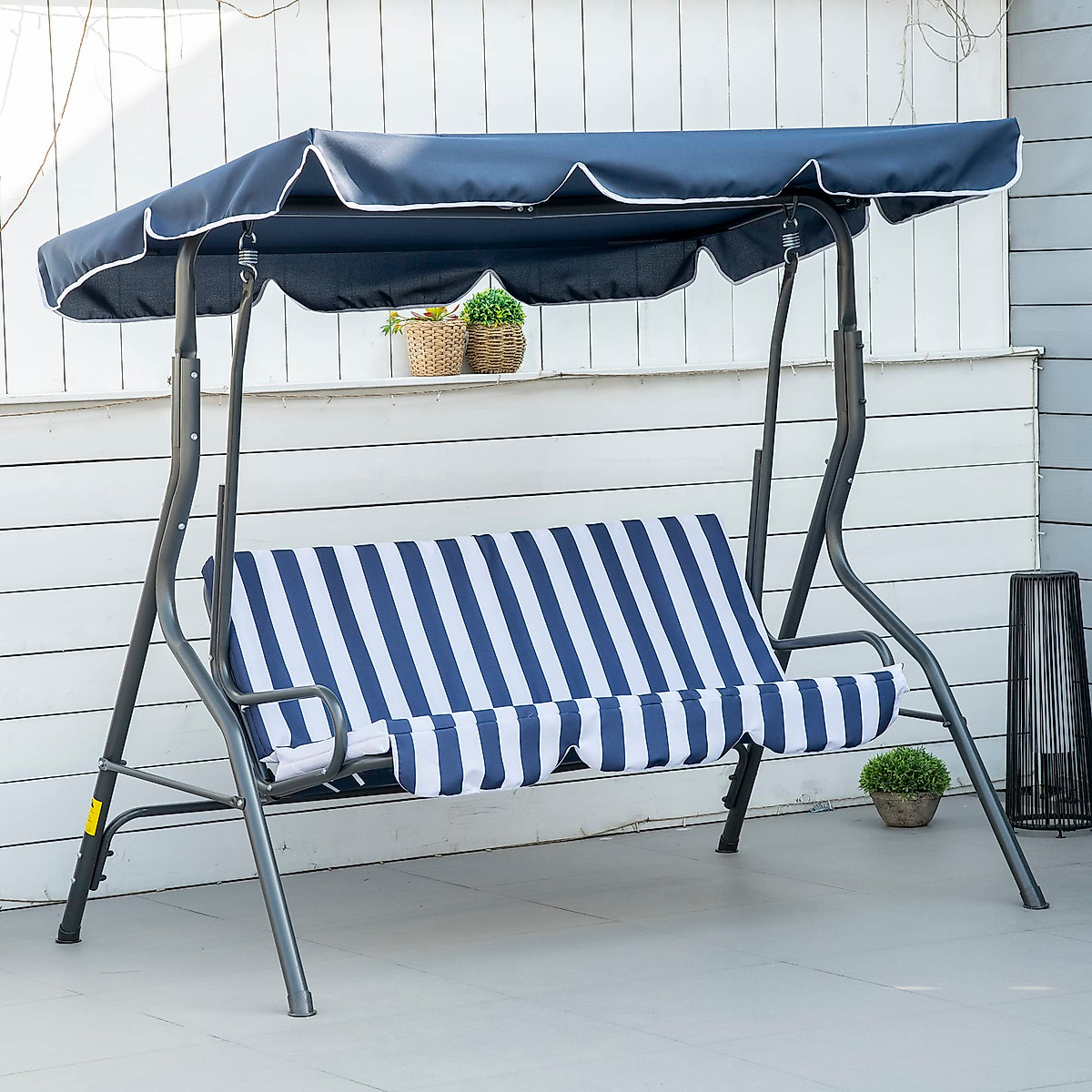 Outsunny 3-Person Patio Porch Swing with Adjustable Canopy for Adults, Steel Frame, Seat & Backrest Cushion, Armrests, Dark Blue & White Striped