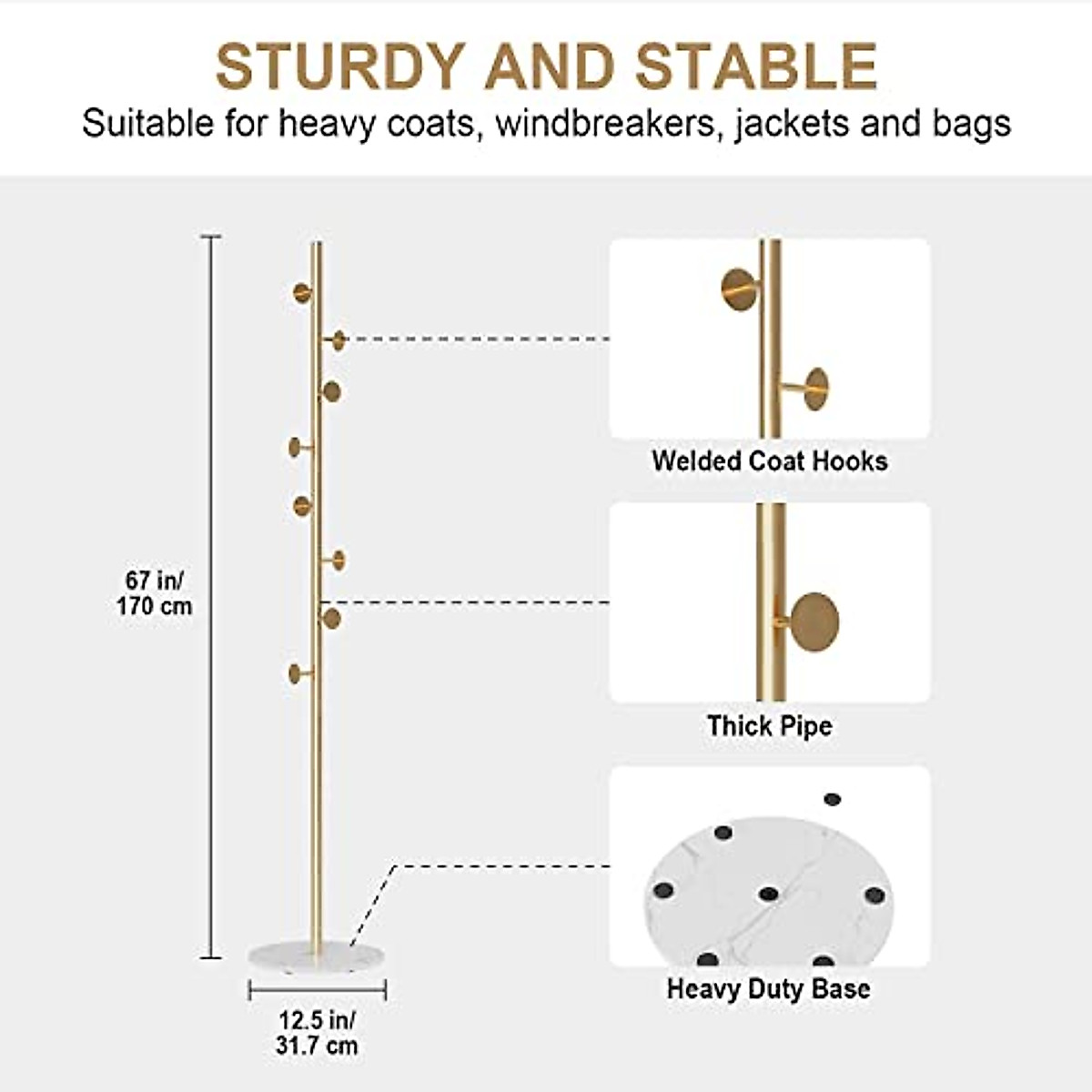 RRG Coat Rack Stand, Metal Coat Tree with Heavy Base 8 Welded Hooks Coat Stand for Entryway, Hall, Bedroom, Corner, Office 67” (Gold)