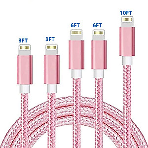 sharllen iPhone Charger Cord iPhone Lightning Cable 3/3/6/6/10FT 5Pack Nylon Braided USB Fast iPhone Charging Cable&Syncing Long Cord Compatible iPhoneXs/Max/XR/X/8/8P/7/7P/6/5/iPad/iPod (Rose Gold)