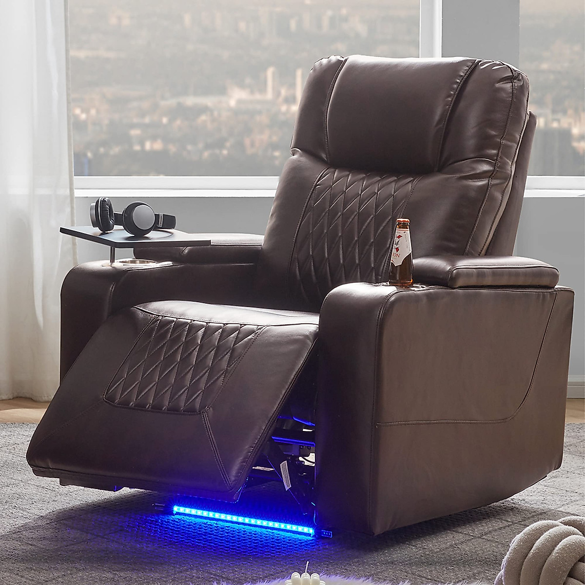 Merax Power Recliner Chair, Leather Lazy Boy Single Sofa with Cup Holders, Tray Table and Storage, 37.8" D x 35.8" W x 42.1" H, Brown