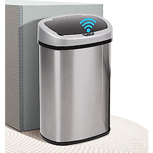 MKDLUFEI 13 Gallon Motion Sensor Trash Can, Brushed Stainless Steel, 13 Gallon Capacity, Touchless Garbage Can for Home Office