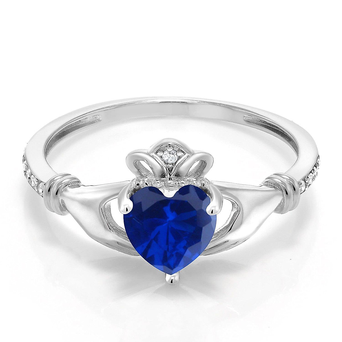 Gem Stone King 10K White Gold Blue Created Sapphire and White Diamond Irish Celtic Claddagh Ring For Women (0.86 Cttw, Heart Shape 6MM, Gemstone Birthstone, Available in size 5, 6, 7, 8, 9)