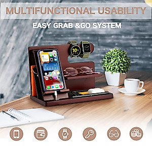 OUTXE Wood Phone Docking Station, Men Gifts Nightstand Organizer for Phone, Keys, Wallet, Glasses, Gifts for Dad's Birthday, Father's Day, Anniversary