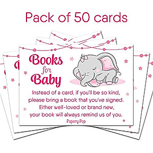 50 Books for Baby Shower Request Cards for Girl (50 Pack) - Elephant - Bring a Book Instead of a Card - Baby Shower Invitations Inserts Supplies