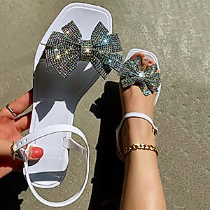 Nine Sandals for Women Size 5 Women Shoes Fashion Bright Diamond Bowknot Bright Diamond Sandals Flash Diamond One Foot (White, 6.5)