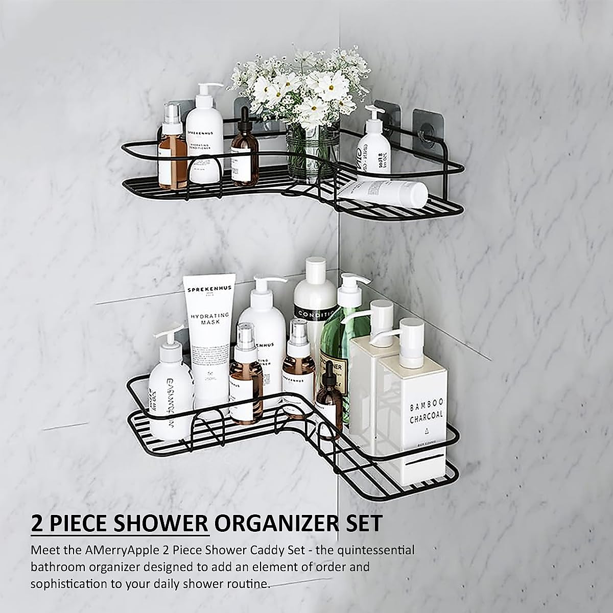AMerryApple - Shower Caddy-2 Pack | Shower Shelf for Inside Shower | Shower Organizer Corner | Strong Adhesive Shower Shelves | Large Storage Capacity - Corner Shower Caddy