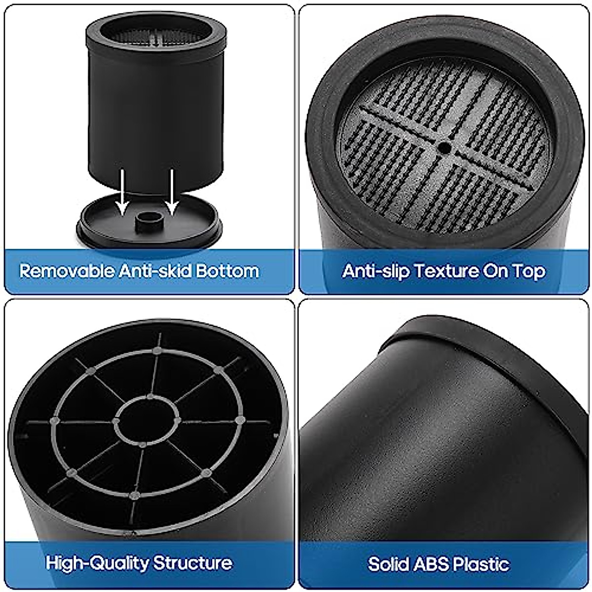 Noamus 6 Pack Bed Risers, 4 Inch Round Furniture Raising Blocks, Black Lifts with Removable Bottom Non-Slip Foam Pads, Heavy Duty Dorm Bed Frame Extenders for Desk Chair, Table Legs, Sofa Couch