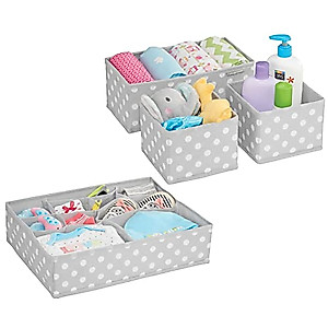 mDesign Fabric Drawer Organizer Bins, Kids/Baby Nursery Dresser, Closet, Shelf, Playroom Organization, Hold Clothes, Toys, Diapers, Bibs, Blankets, Set of 4, 2 Pack, Gray/White Polka Dot