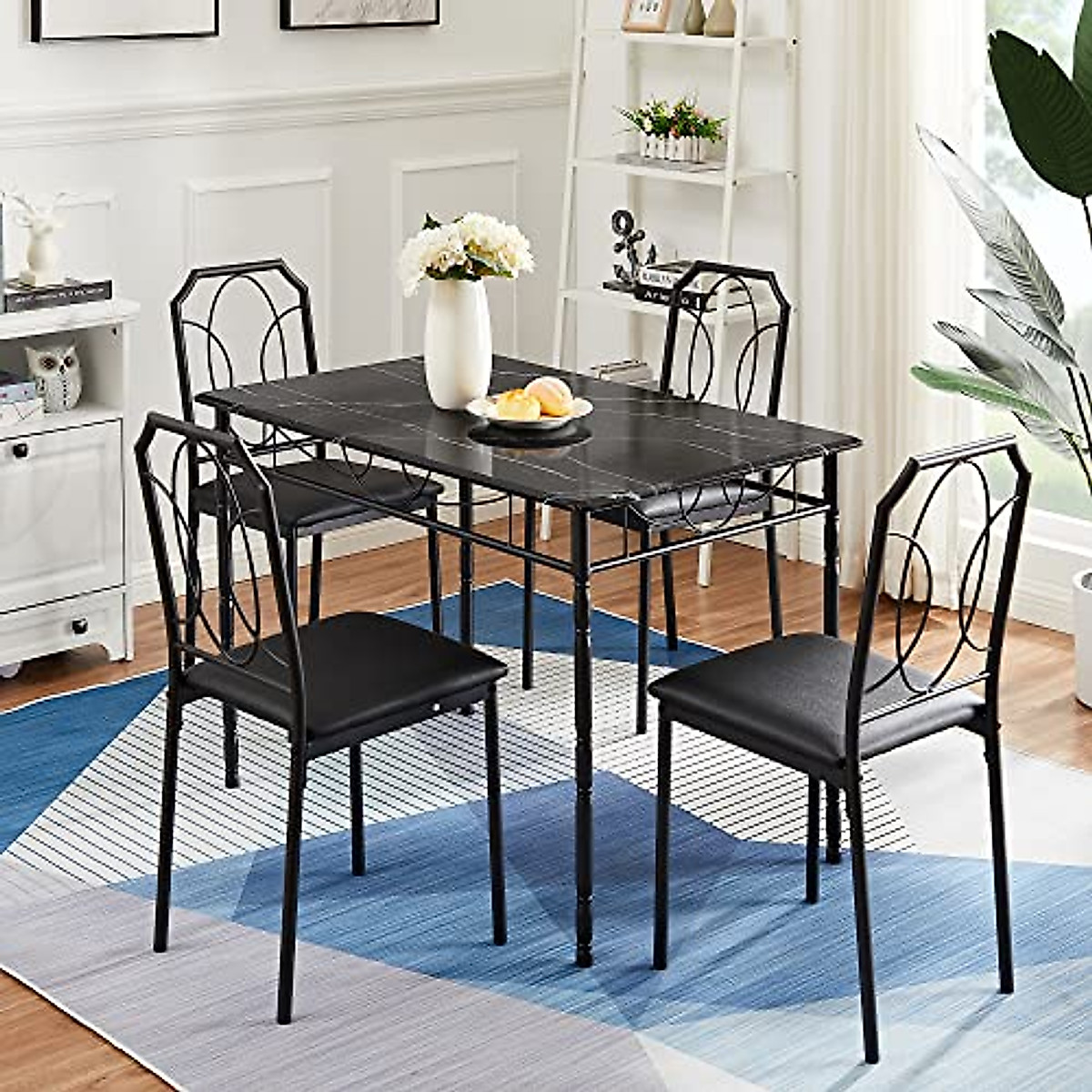 VECELO 5 Pieces Sets,43.3" Table&Chairs for 4,Industrial Counter Height Tabletop with Bar Stools, Rectangle Breakfast Table and Chairs for Dining, Living Room, Apartment, Black
