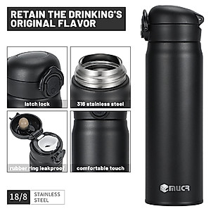 MUCR 17 oz / 500 ml Insulated Water Bottle, Stainless Steel Thermo Coffee Travel Mug, Thermal Cup with Snap Flip Lid, BPA Free for Hot and Cold Drinking, Black