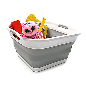 SAMMART 32L Collapsible Plastic Laundry Basket - Square Tub/Basket - Foldable Storage Container/Organizer - Portable Washing Tub - Space Saving Laundry Hamper (1, Grey)