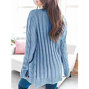 PRETTYGARDEN Women's Open Front Cardigan Sweaters Fashion Button Down Cable Knit Chunky Outwear Coats (Blue,Small)