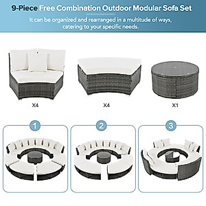 Merax Patio Furniture Set, 9-Piece Outdoor Patio Conversation Set Luxury Circular Outdoor Sofa Set Rattan Wicker Sectional Sofa Lounge Set with Tempered Glass Coffee Table, 6 Pillows, Beige