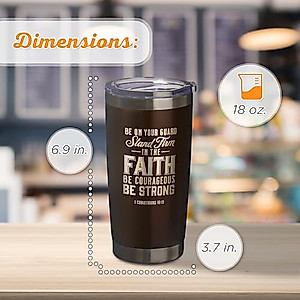 Christian Art Gifts Stainless Steel Double Wall Vacuum Insulated Tumbler 18 oz Brown Travel Mug with Retractable Lid for Women & Men Inspirational Bible Verse - Stand Firm -1 Corinthians 16:13