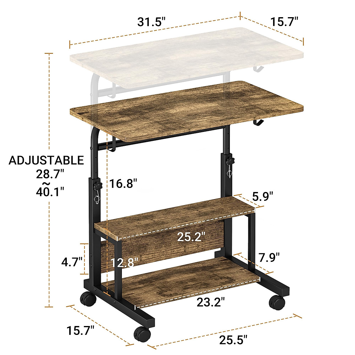Autex Portable Desk with Storage Shelves, Height Adjustable Desk with Wheels, Small Rolling Desk with Hooks, Standing Desk on Wheels for Home Office, Mobile Computer Table for Small Space