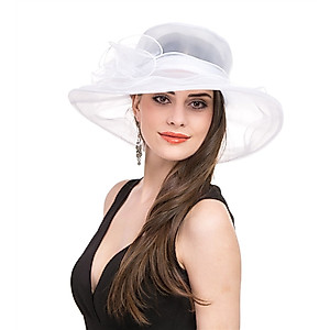 Lucky Leaf Women Church Cap Wide Brim Summer Sun Hat for Party Wedding(White)