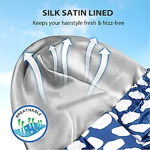 INNELO Luxury Shower Cap for Women Reusable Waterproof, Double Layered Shower Hair Cap with Adjustable Elastic Strap, Large Satin Lined Shower Bath Cap for Long Curly Straight Hair, Blue