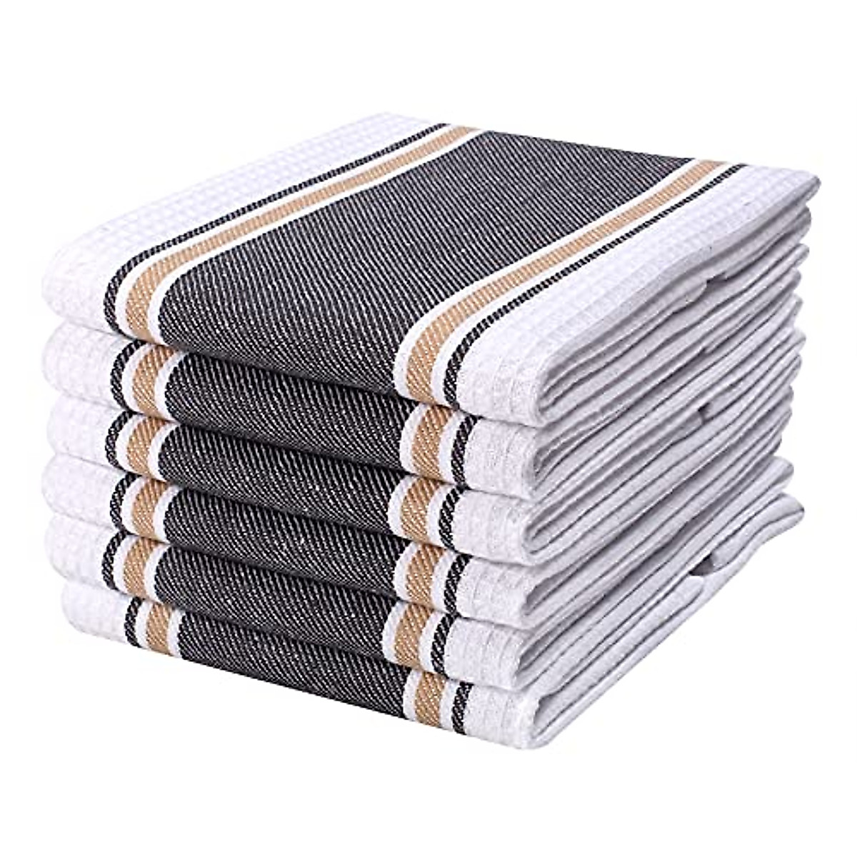 Goroly Home 6 Pack 100% Cotton Farmhouse Vintage Dish Towels Tea Towels Highly Absorbent Quick Dry Professional Grade with Hanging Loop - Twill Waffle - 18x28 Inch - Charcoal