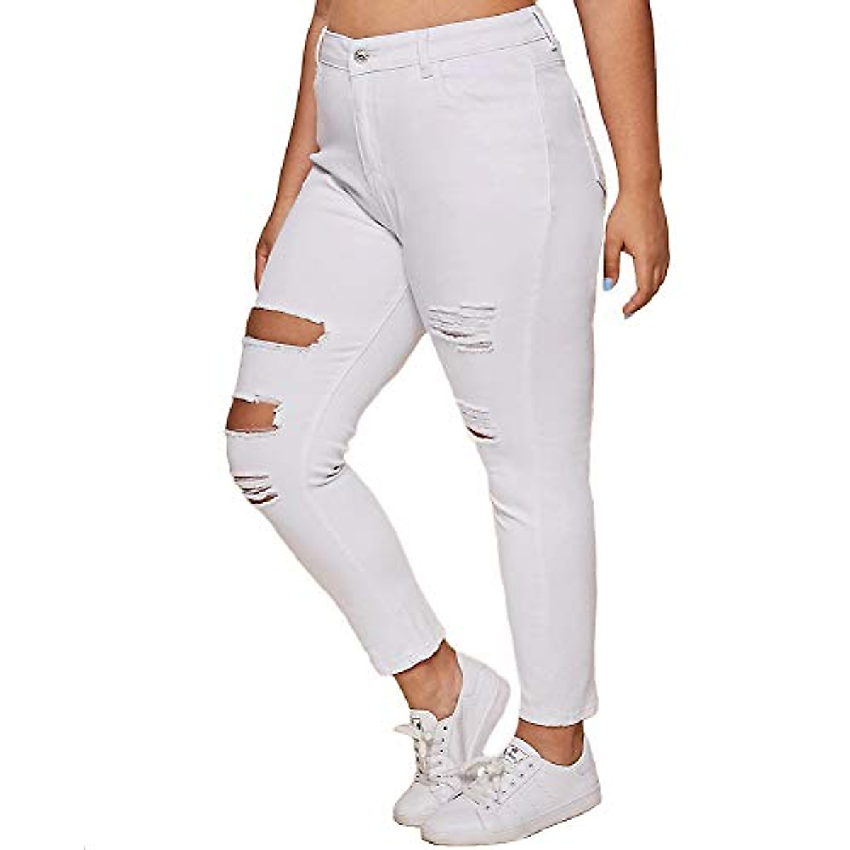 ALLABREVE Women's Plus Size Stretch Skinny Distressed High-Rise Jeans, High Waist Slim Fit Denim Jegging, Girlfriend Tight Jean Pants (Distressed High-Rise Skinny White, 2XL)