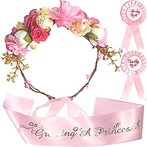 MEANT2TOBE Baby Shower Decoration for Mom To Be and Dad To Be, Pink, Brown Flowers style Tiara + Pink & Silver Sash + Pink & White Daddy to be pin, Maternity Christmas Gift for Her nd Him