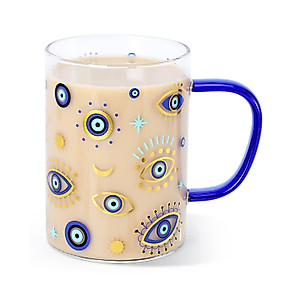 Nefelibata Evil Eye Glass Coffee Cup with Handle 16oz Glass Can for Hot/Cold Beverages Cappuccino Latte Espresso Beer Hamsa Blue Evil Eye for Protection Tumbler Mug Heat-Resistant and Freezer Safe