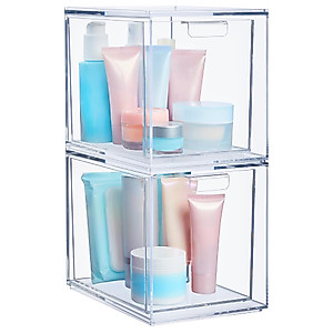 STORi Audrey Stackable Clear Plastic Organizer Drawers | 2 Piece Set | 6.75-Inches Tall | Organize Cosmetics and Beauty Supplies on a Vanity | Made in USA