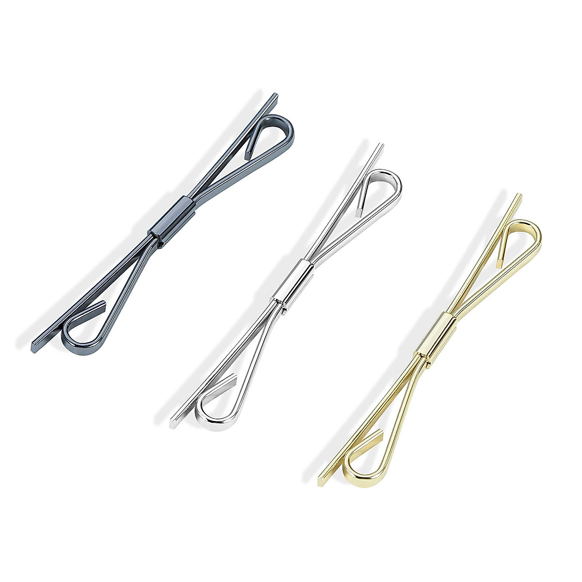VVCome 3PCS Men's Classic Tie Clips Shirt Collar Clip Collar Bar for Necktie Gold Silver Black Tone Necktie Bar Pinch Clips Tie Pins Collar Holder (60mm Length Flat Head)