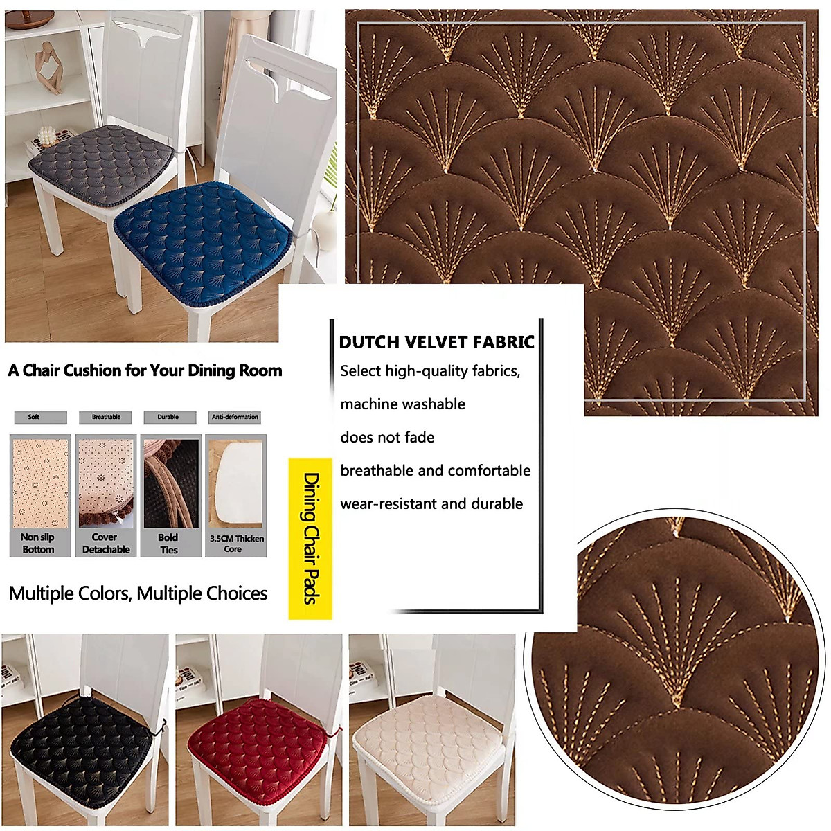 CUNCOO Kitchen Chair Cushions Set of 6 Dining Chair Pads 18"x18" Non Slip Seat Cushions Memory Foam Pads for Indoor Outdoor Home Office