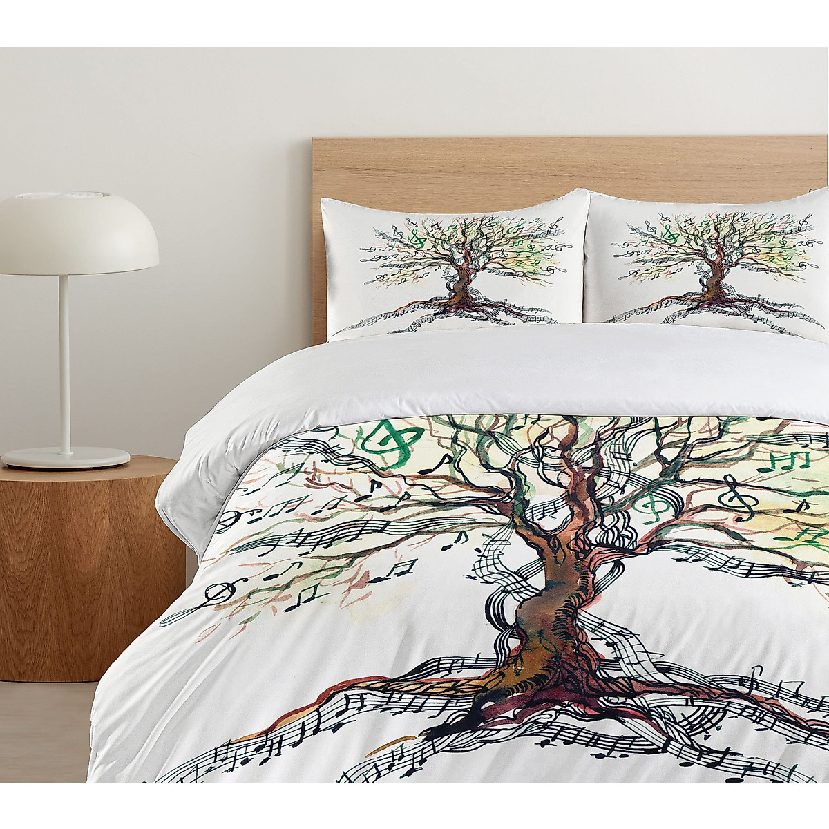 Ambesonne Music Duvet Cover Set, Musical Tree Autumnal Clef Trunk Swirl Nature Illustration Leaves Creative Design, Decorative 3 Piece Bedding Set with 2 Pillow Shams, Queen Size, White Brown