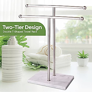 Homeries Marble Hand Towel Holder - Stainless Steel Towel Stand with Round Marble Base - Double T-Shape Hand Towel Valet for Bathroom, Vanity Top Towel Stand, Counter Towel Bar, Jewelry Rack
