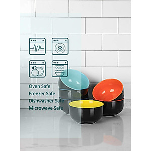 Teocera Cereal Bowl, Soup Bowls Set, Porcelain Microwave Safe Bowl, 22 Ounce for Cereal, Soup, Oatmeal - Set of 6, Black Multi Color