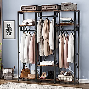 Tribesigns Garment Rack, Heavy Duty Freestanding Closet Organizer Systems with Shelves, Open Wardrobe Closet for Hanging Clothes (Rustic)
