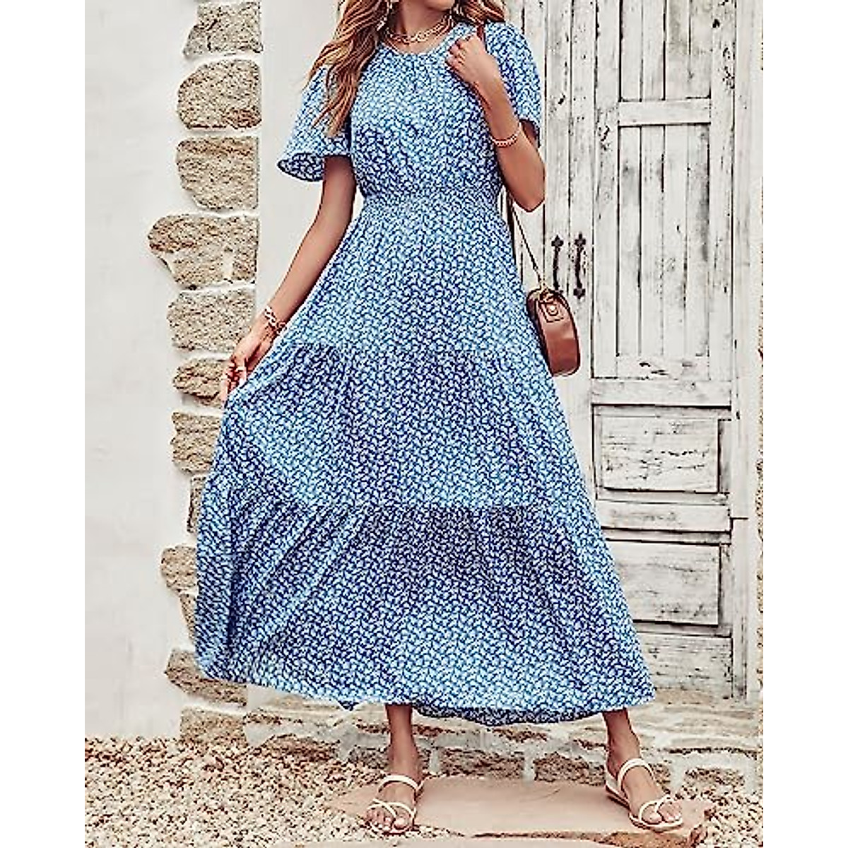 PRETTYGARDEN Women's Summer Casual Short Flutter Sleeve Round Neck Smocked Waist Tiered Boho Floral Flowy Maxi Dress(Small, Leaves Sky Blue)
