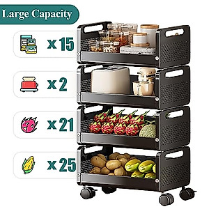 FSLGWRK 4 Tier Rolling Cart, Stackable Metal Kitchen Storage Cart with Wheels, Black