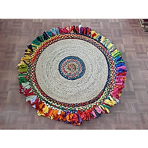 Devik Decor Braided Boho Natural Cotton Chindi & Jute Rugs Reversible Non Slip Carpet Round Area Rug for Farmhouse Living Room Bedroom Kitchen Outdoor Mate, AR02 (3FT_Round (36 Inches X 36 Inches))