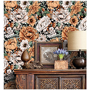 HAOKHOME Vintage Peel and Stick Floral Wallpaper Removable Large Peony Black/Orange/Pink Vinyl Self Adhesive Mural 17.7in x 6.5ft