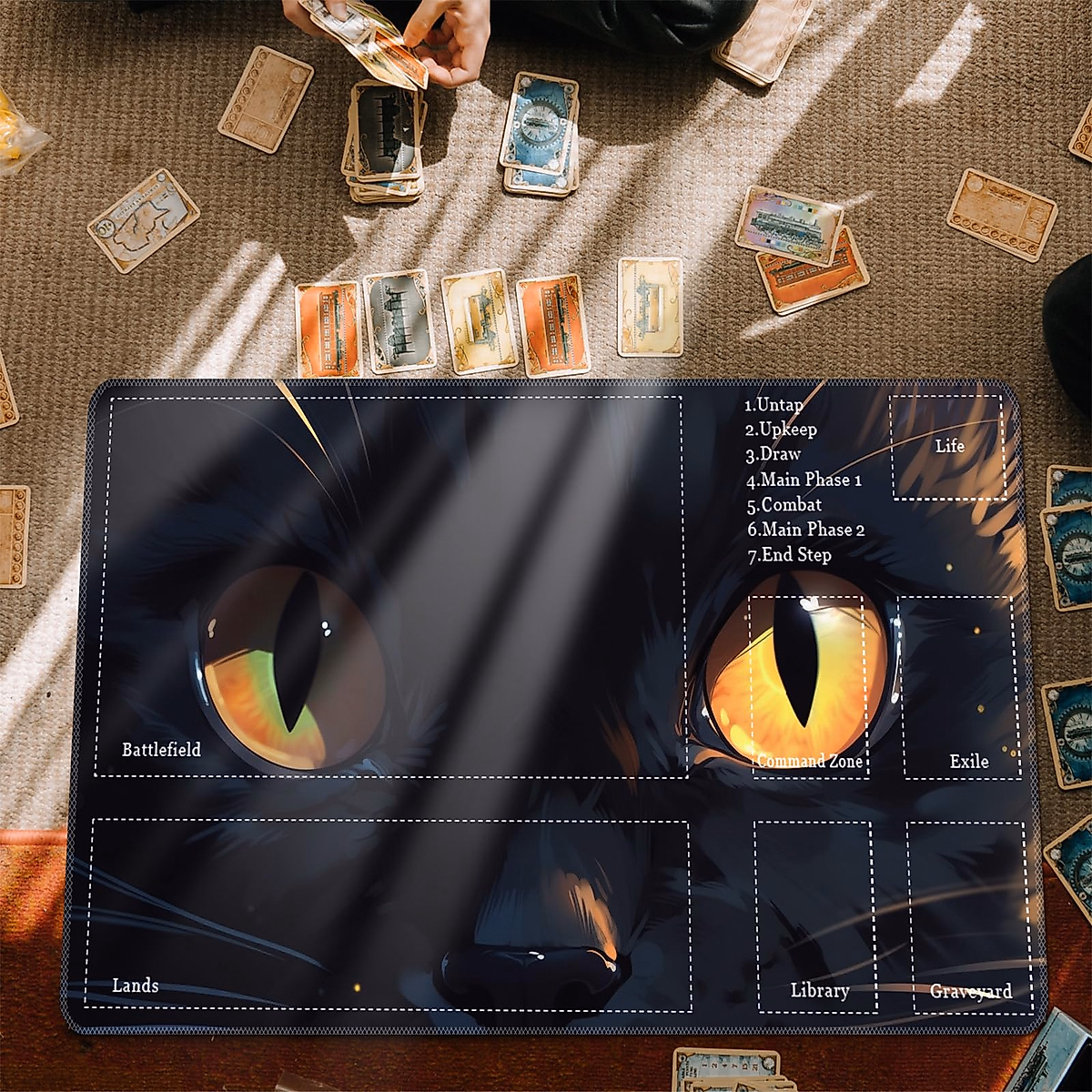Playmat for MTG Playmat with Zones, 24" x 14" TCG Playmat Ideal for MTG Playmat Game Trading Board, Original Hand-Painted Printing Non-Slip Rubber Bottom & Stitched Edges Mouse Pad, Black Cat Eyes