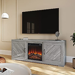 BELLEZE Modern 58 Inch Farmhouse TV Stand with 18 Inch Electric Fireplace & Media Entertainment Center Console Table for TV up to 65 Inch with Storage Cabinets and Infrared Heater - Hilo (Gray Wash)