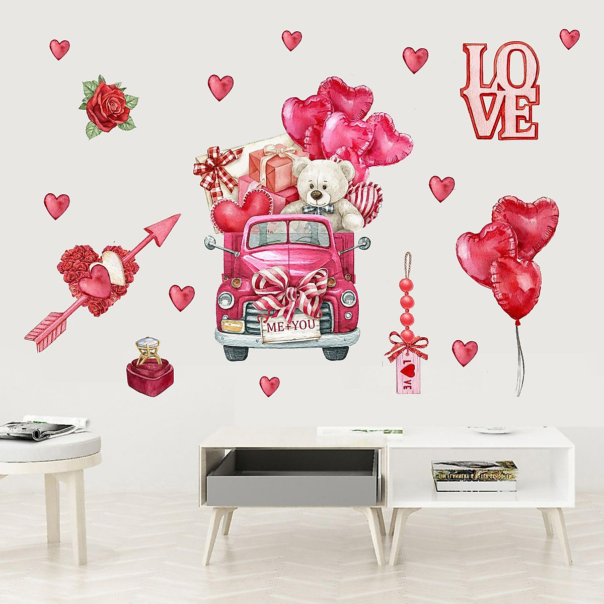 Valentine's Day Love Wall Decals Red Truck Balloon Window Clings Wall Stickers Rose Diamond Ring Romantic Decals Removable Peel and Stick Murals for Home Bedroom Living Room Wedding Anniversary Decor