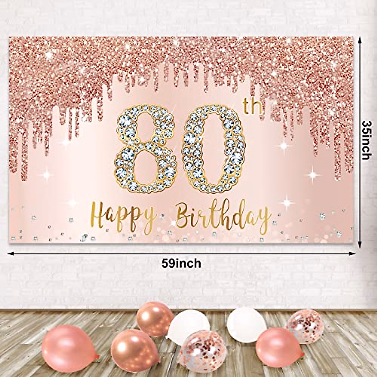 Happy 80th Birthday Banner Backdrop Decorations with Confetti Balloon Garland Arch, Rose Gold 80 Birthday Banner Balloon Set for Women, Pink 80 Year Old Bday Poster Photo Booth Decor