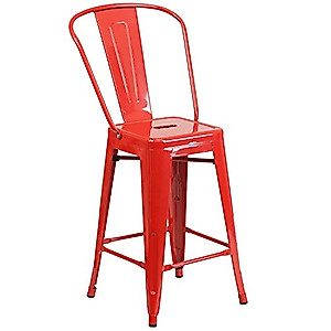 EMMA + OLIVER Commercial Grade 24" H Red Metal Indoor-Outdoor Counter Height Stool w/ Back
