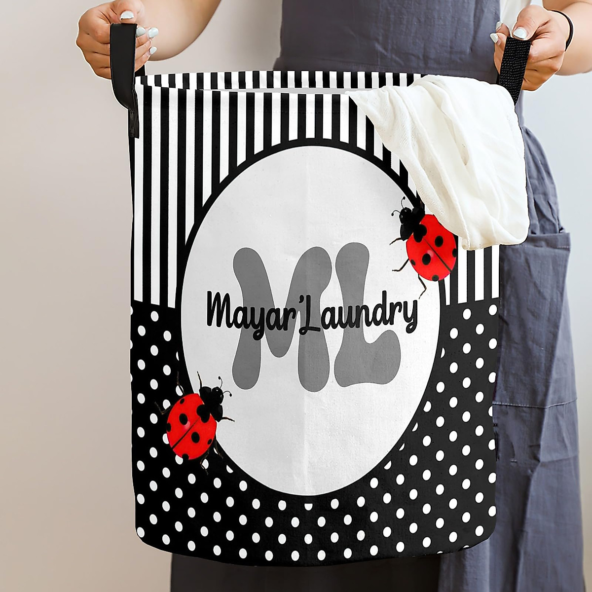 Striped Dots Ladybird Monogram Personalized Laundry Basket Laundry Hamper Clothes Bag Collapsible Tall with Handles,Waterproof,Storage Baskets for Bathroom College Dorm Family Essentials