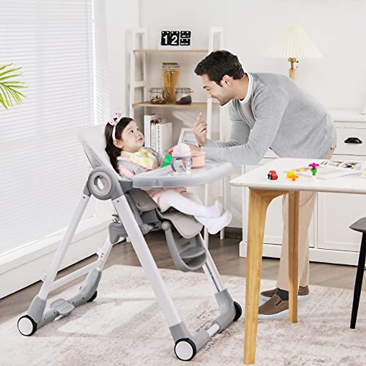 BABY JOY Baby High Chair, Folding Highchair w/ 4 Wheels, One-Step Brake, Removable Double Trays, Detachable PU, Flip-up Armrests, Adjustable Height, Backrest & Footrest for Infants & Toddlers (Gray)