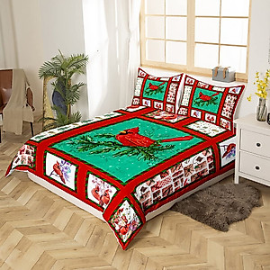 Erosebridal Cardinals Birds Duvet Cover Red Cardinal Bedding Set for Kids Child,Green Pine Tree Branches Comforter Cover Cute Bird Animal Bed Sets Patchwork Style Bedroom Decor Twin Size
