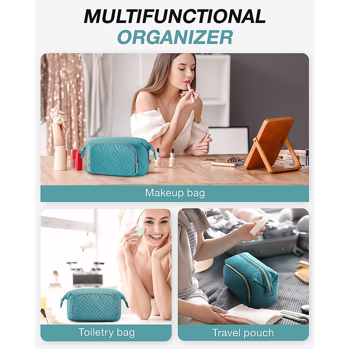 BAGSMART Travel Makeup Bag, Cosmetic Bag Small Make Up Organizer Case,Wide-open Pouch for Women Purse for Toiletries Accessories Brushes Blue