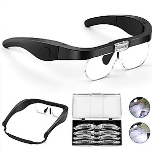 Rechargeable Headband Magnifying Glass, Hands Free Head Mount Magnifier Glasses with LED Light, 1.5X-2X-2.5X-3.5X Lighted Magnifying Headset for Close Work Reading Craft Jewelers Hobby Lash Extensions