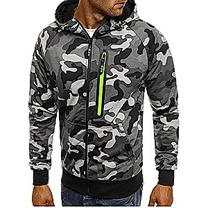 Mens Zipper Hooded Sweatshirts, Thenlian Mens Camouflage Zipper Pullover Long Sleeve Hooded Sweatshirt Tops Blouse(Gray, XL)