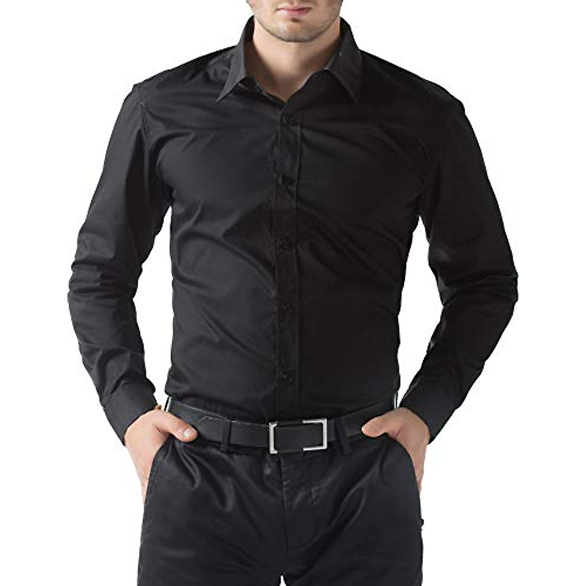 PJ PAUL JONES Men's Black Long Sleeve Button Down Dress Shirts Designer Slim Fit Dress Shirts Office Wear (Black,L)
