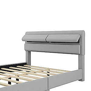 LCH Queen Size Upholstered Bed with Storage Headboard and Footboard, Velvet Queen Platform Bed Frame, Wood Support Legs, No Box Spring Needed (Grey)