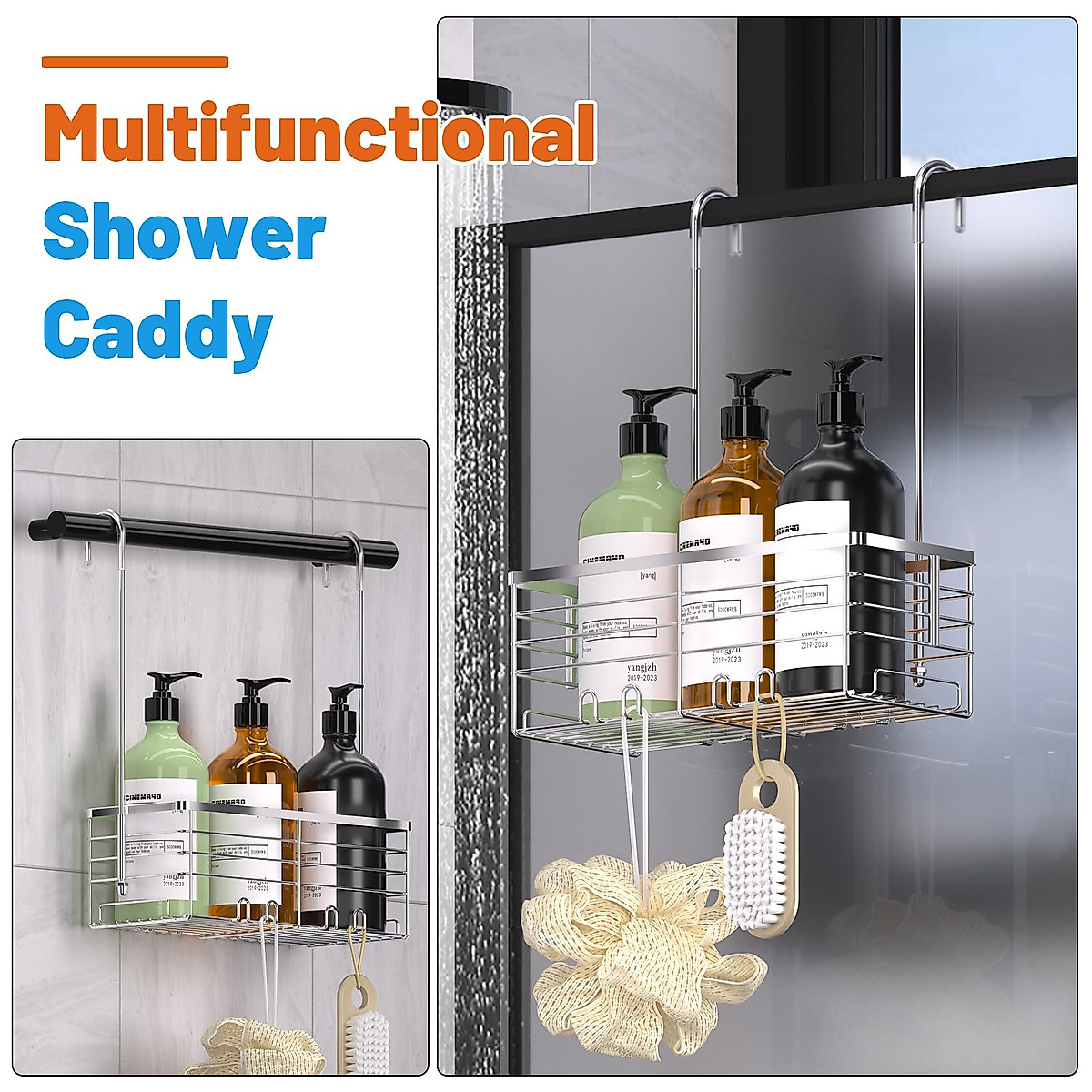 YUOROS Shower Caddy Hanging, Over the Door Shower Organizer Rack 304 Stainless Steel Rustproof (Silver)